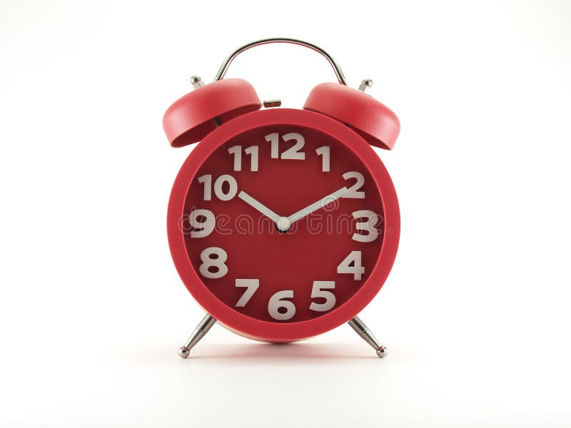 Close-up Round Red Alarm Clock with White Numbers Isolated on White ...