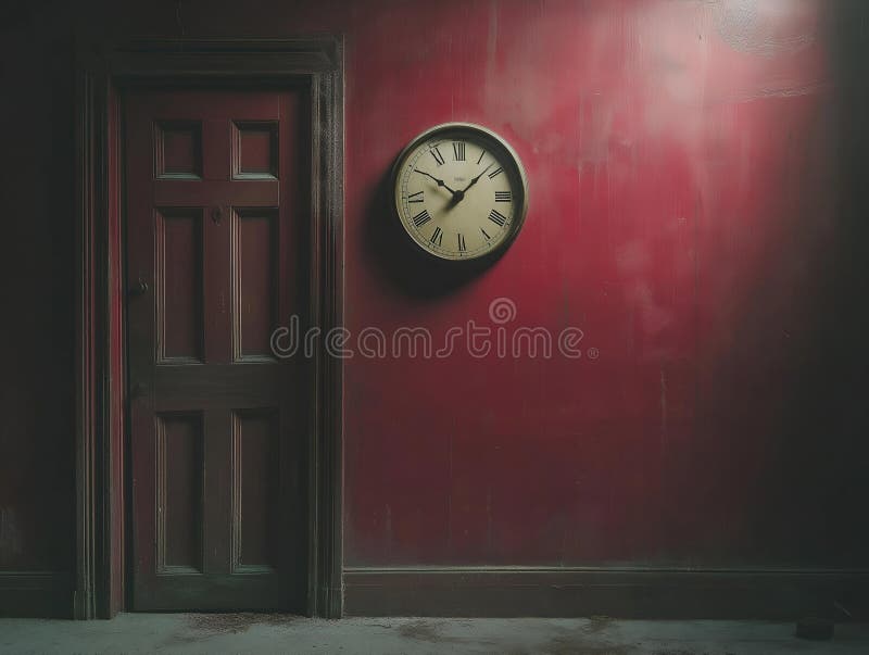 Clock on Red Wall, Dramatic Lighting, Empty Room, Minimalist Design ...