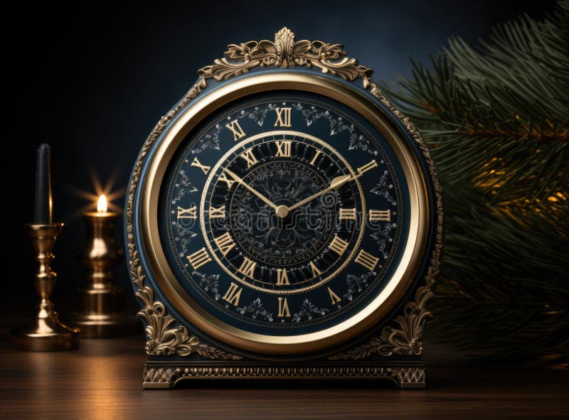 A Clock with Roman Numerals and a Candle on a Table, AI Stock ...