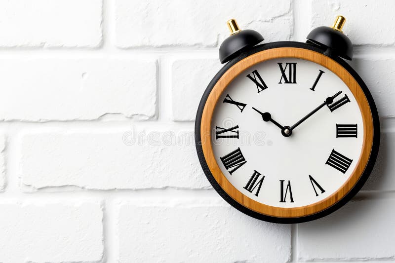 A Clock with Roman Numerals Hanging on a White Brick Wall Stock Image ...