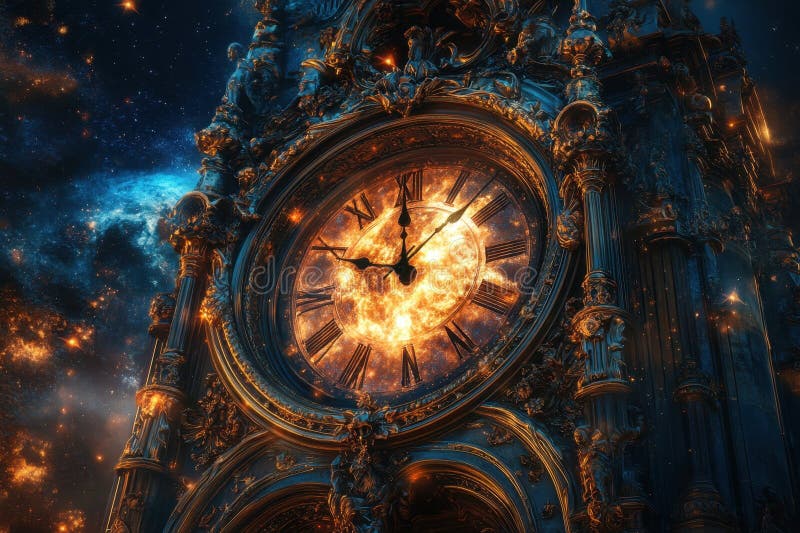 A Clock with Roman Numerals on it is Lit Up with Fire Stock ...