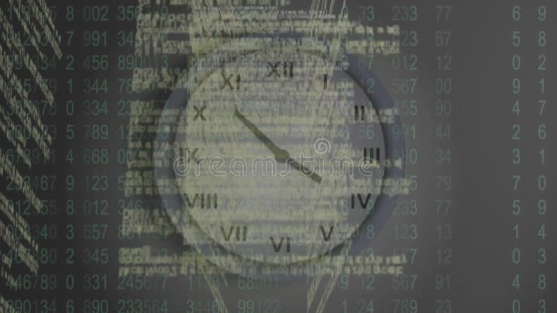 Clock with Roman Numerals Over Digital Data and Binary Coding Animation ...