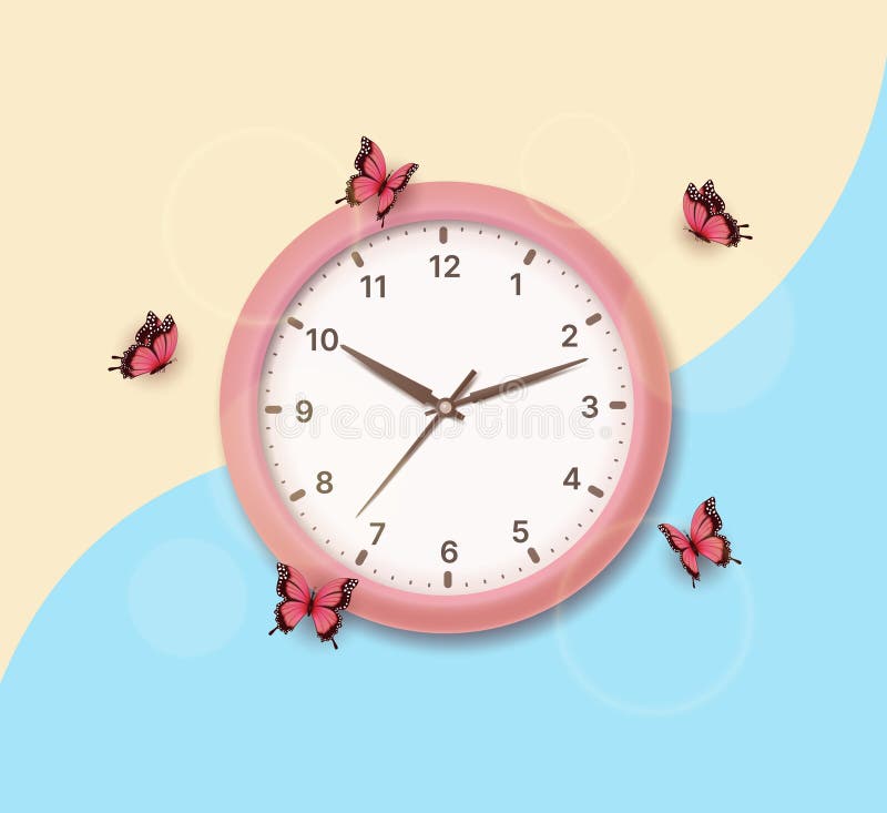 Clock with Round Hands with Flying Butterflies and Sun Glare on Yellow ...