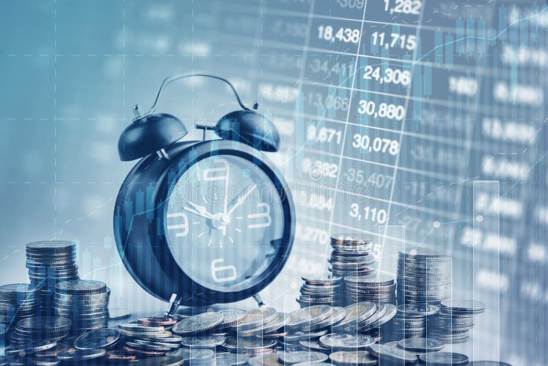 Clock and Rows of Coins for Time of Finance and Business Concept Stock ...