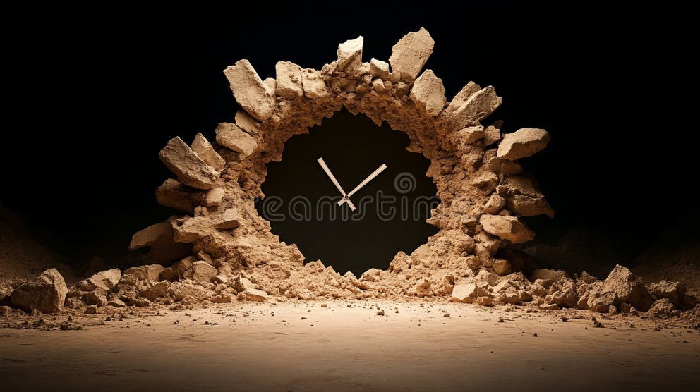 Clock in a Rubble Frame on Dark Background. Stock Photo - Image of time ...