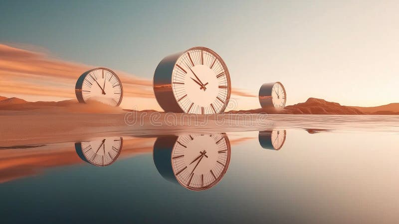 Clock on a Serene Lake at Sunset Stock Illustration - Illustration of ...