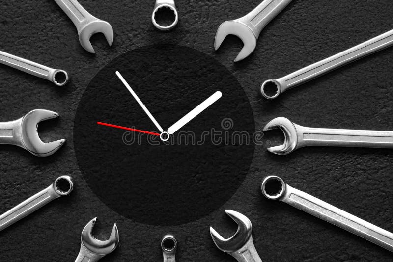 Clock of Wrenches on Black Textured Background. Stock Image - Image of ...