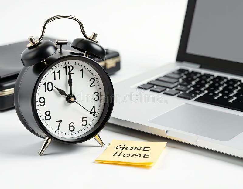Clock Showing Five O Clock, Laptop, and "Gone Home" Note - End of ...