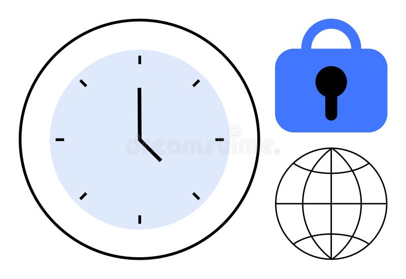 Time Management Security and Global Connectivity Clock Lock and Globe ...
