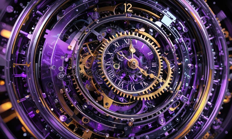 A Clock is Shown in a Purple and Gold Color Scheme, with the Hands ...