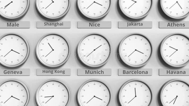 Round Clock Showing Munich, Germany Time within World Time Zones. 3D ...