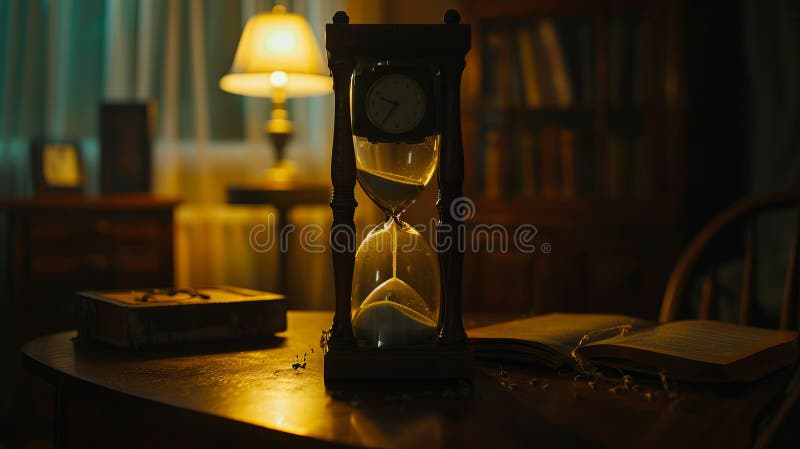 A Clock Sits on a Table with Books and a Lamp Stock Photo - Image of ...