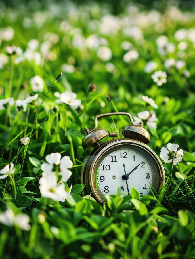 A Clock is Sitting in a Field of Flowers Stock Image - Image of change ...