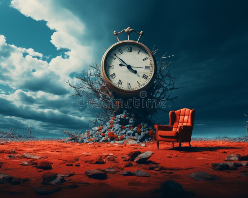A Clock Sitting on Top of a Chair in the Middle of a Desert Stock ...