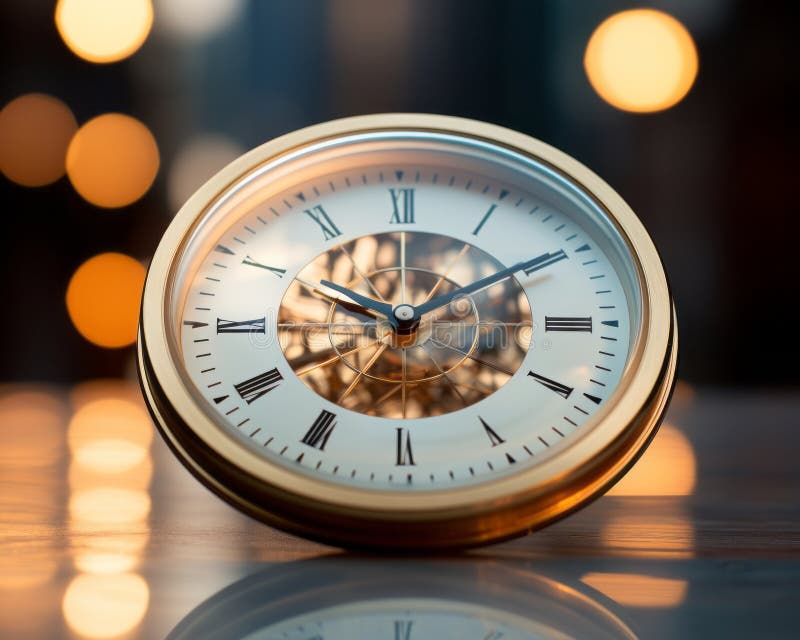 A Clock Sitting on Top of a Table with Lights in the Background Stock ...