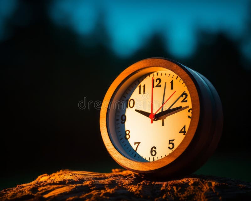 A Clock Sitting on Top of a Tree Stump at Night Stock Illustration ...