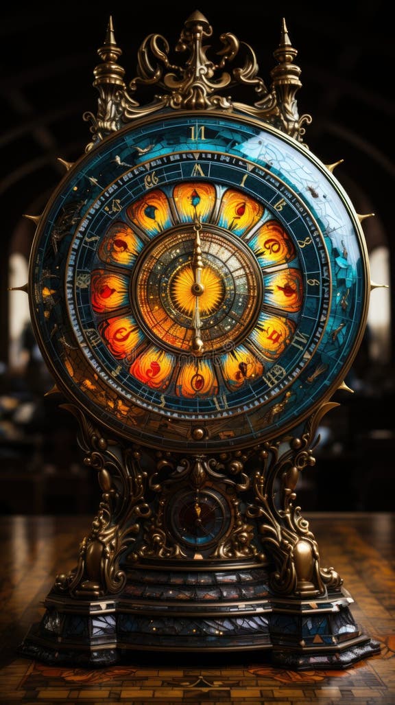 A Clock Sitting on Top of a Wooden Table. Imaginary Astrological Clock ...