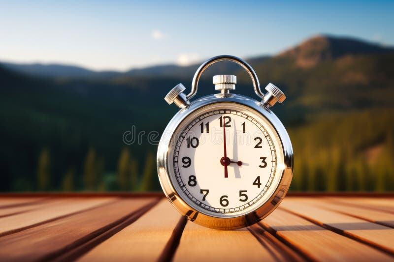 Clock Sitting on Top of Wooden Table Next To Mountain. Generative AI ...