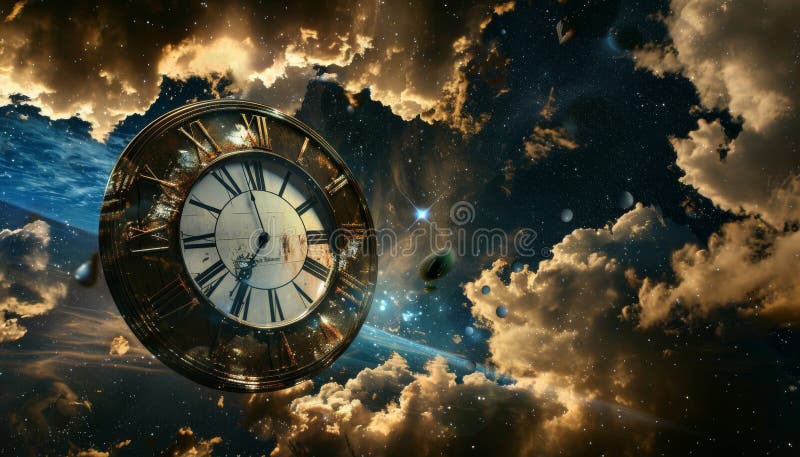 Clock on Sky, Clock in Space, Time Concept Stock Illustration ...