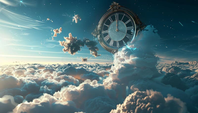 Clock on Sky, Clock in Space, Time Concept Stock Illustration ...