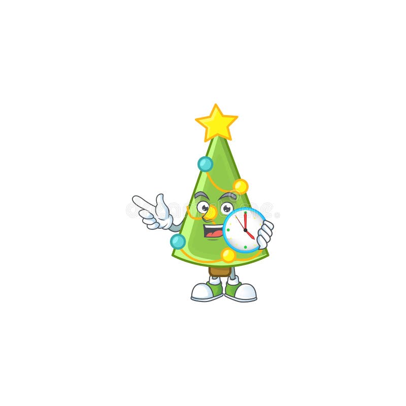 With Clock Smiling Christmas Tree Decoration Cartoon Mascot Style Stock ...