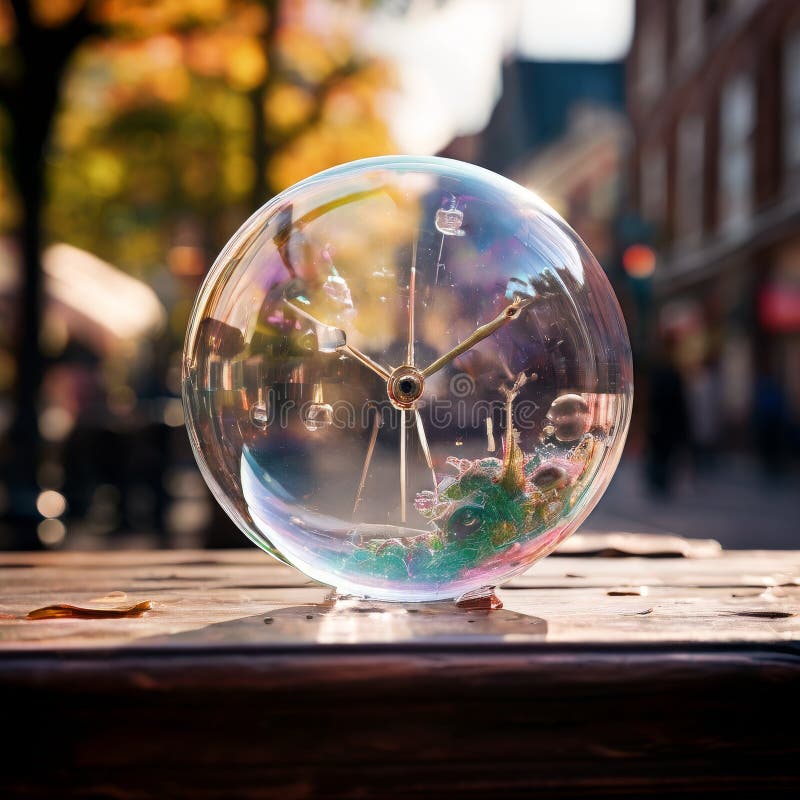Clock in a Soap Bubble on a Rustic Table at Sunset Stock Photo - Image ...