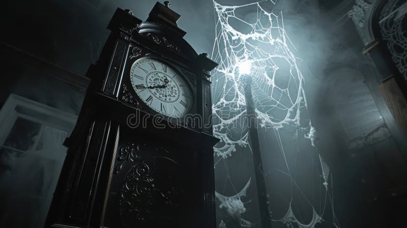A Clock with Spider Webs on it is in a Room with Smoke Stock Photo ...