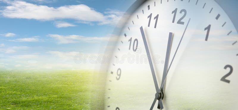 Clock in spring scene stock photo. Image of grass, season - 161616028