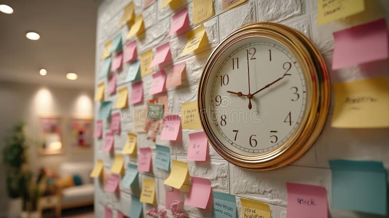 Clock and Sticky Notes on Office Wall Stock Illustration - Illustration ...