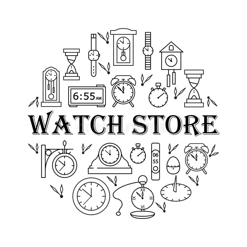 Clock Store Circle Template with Flat Line Icons. Vector Illustration ...
