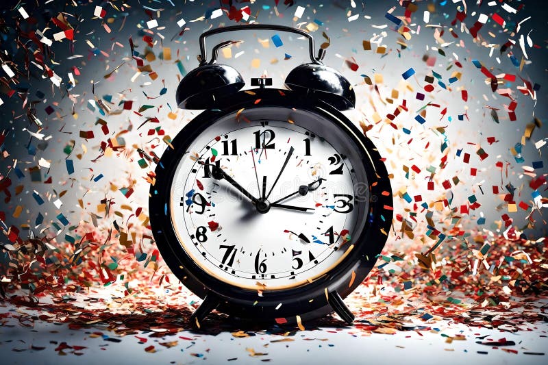 A Clock Striking Midnight, with Confetti Raining Down, Marking the ...