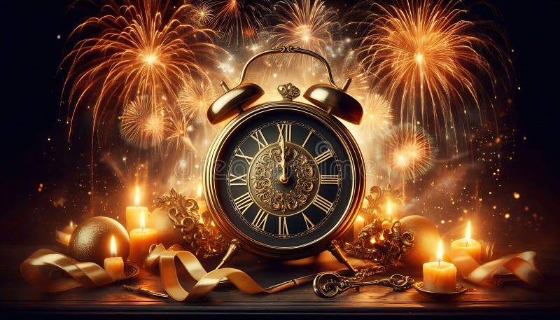 Clock Striking Midnight with Golden Numbers and Fireworks in Background ...