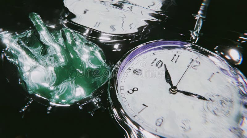 A Clock Submerged in Water with a Green Hand, Showcasing Reflections ...