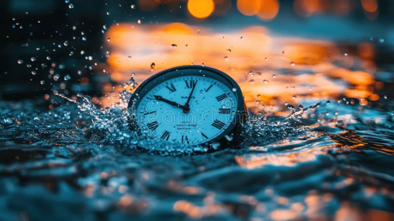 Clock Submerged in Water with Splashes and Bokeh Background Stock ...