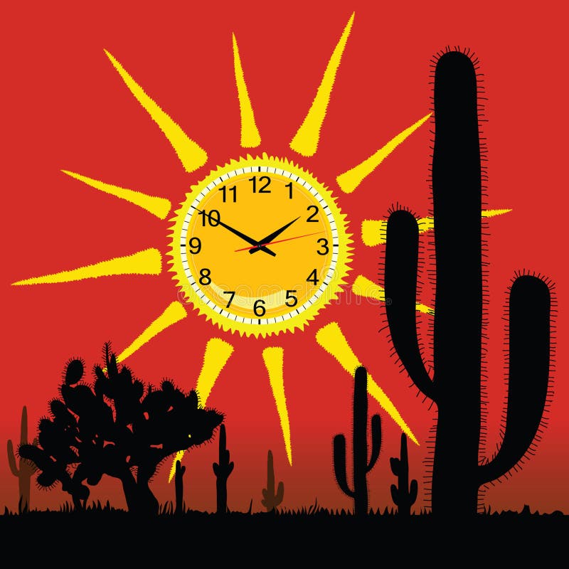 Clock in the Sun and Cactus Vector Stock Vector - Illustration of ...