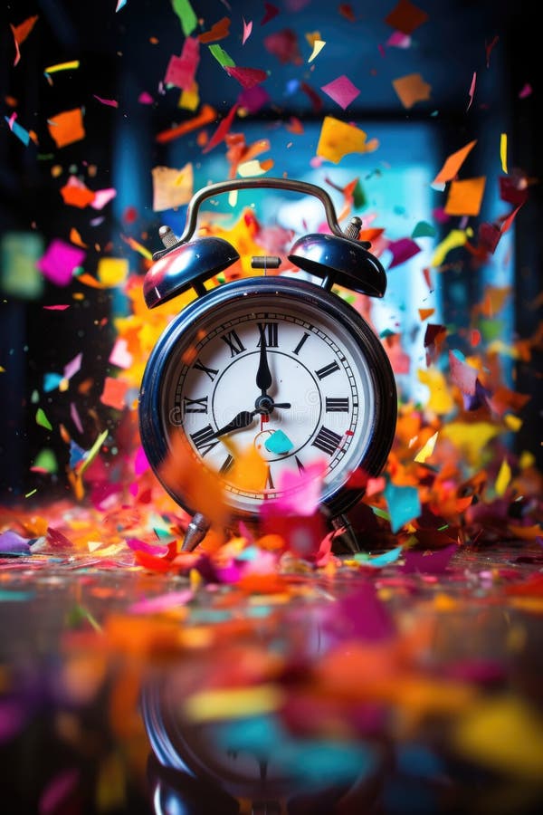 A Clock Surrounded by Confetti and Colorful Confetti, AI Stock ...