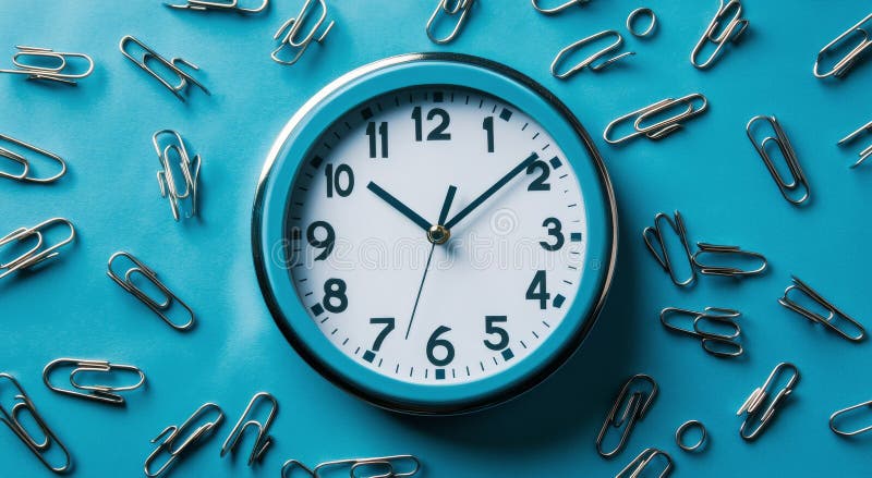 Clock Surrounded by Paper Clips on a Blue Background during Daytime ...