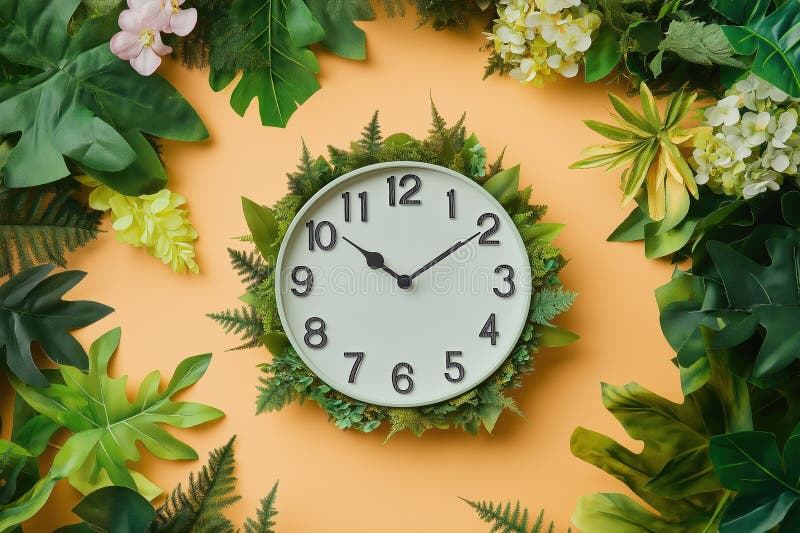 Clock Surrounded by Tropical Leaves, Flowers, Natural Greenery, Wall ...
