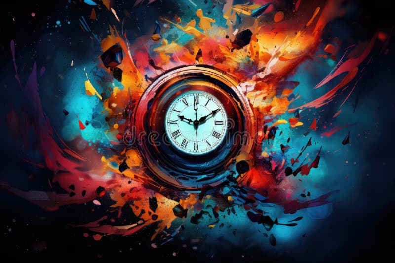 A Clock is Surrounded by Vibrant, Multicolored Paint Splatters ...