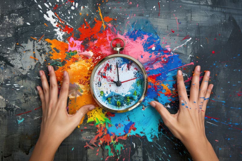 A Clock is Surrounded by Vibrant Paint Splatters, with Two Hands ...