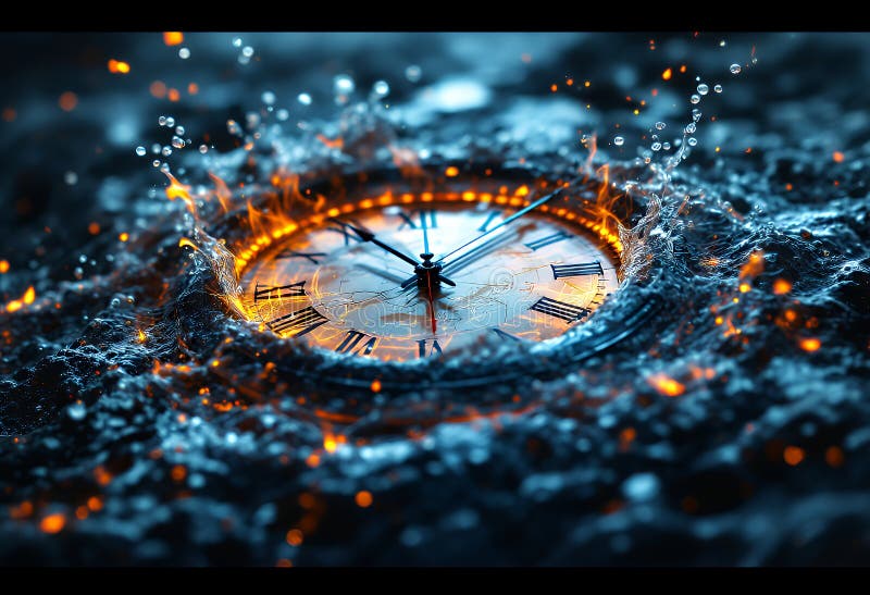Clock Surrounded by Water Splash with Fire Effects Stock Illustration ...