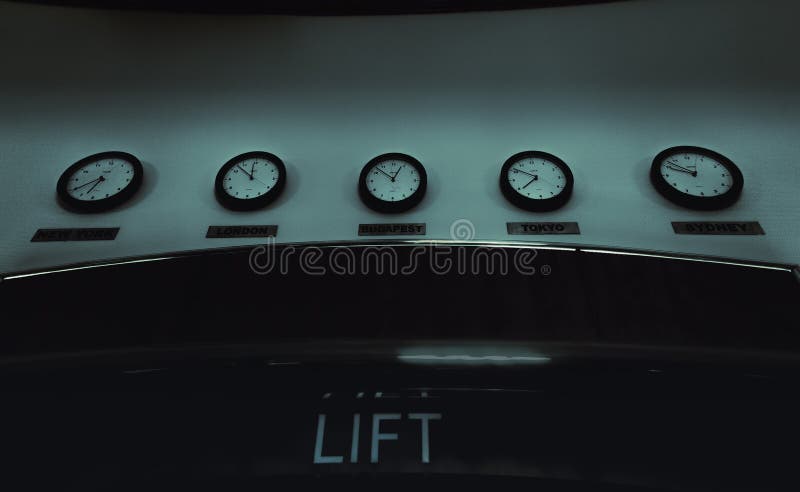 Clock with Time in Different Countries, Hotel Lobby, Horror Stock Photo ...