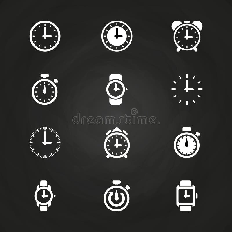 Clock and Time Icons Set on Blackboard Stock Vector - Illustration of ...