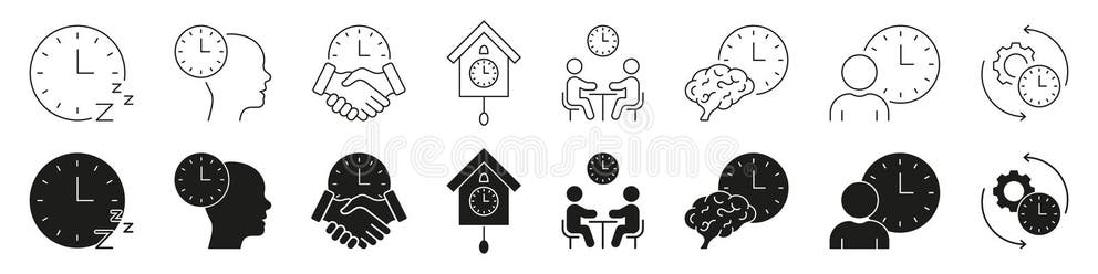 Clock and Time Management Line and Solid Icon Set. Productivity ...