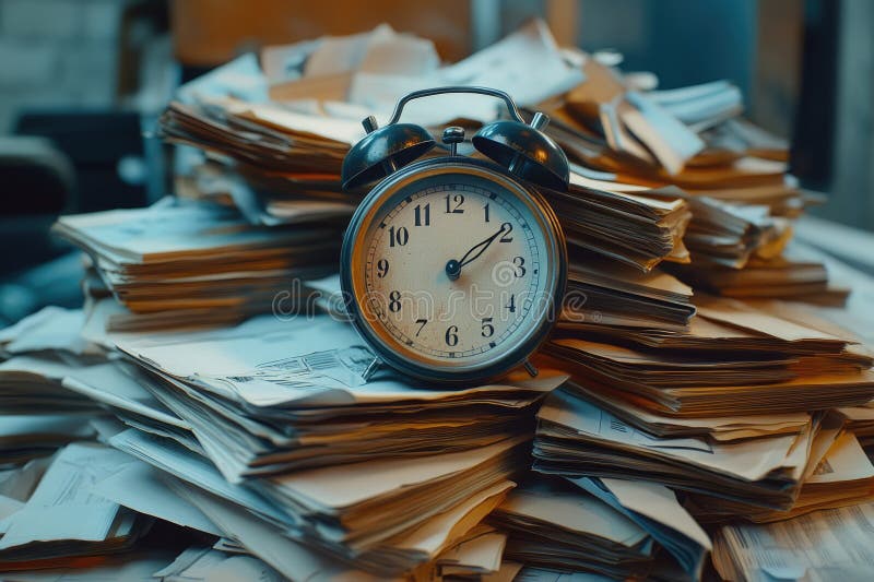 Clock is on Top of a Pile of Papers Stock Image - Image of late, retro ...