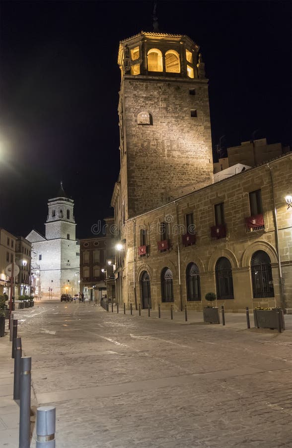 Clock Tower in Andalucia Square at Night, Ubeda, Jaen, Spain Stock ...