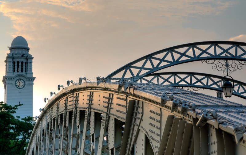 Clock Tower and Bridge at Sunset Stock Image - Image of arch, district ...
