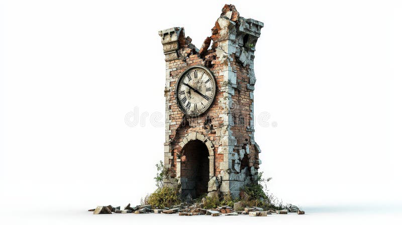 Clock Tower with Broken Wall and Window Against a Clear Blue Sky in ...