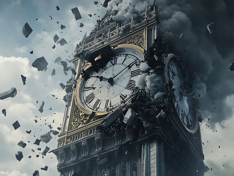 Clock Tower Destruction with Debris and Smoke, Dramatic Scene Stock ...