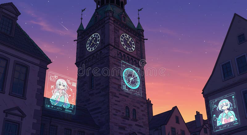 A Clock Tower with Digital Displays Featuring Anime Characters Under a ...